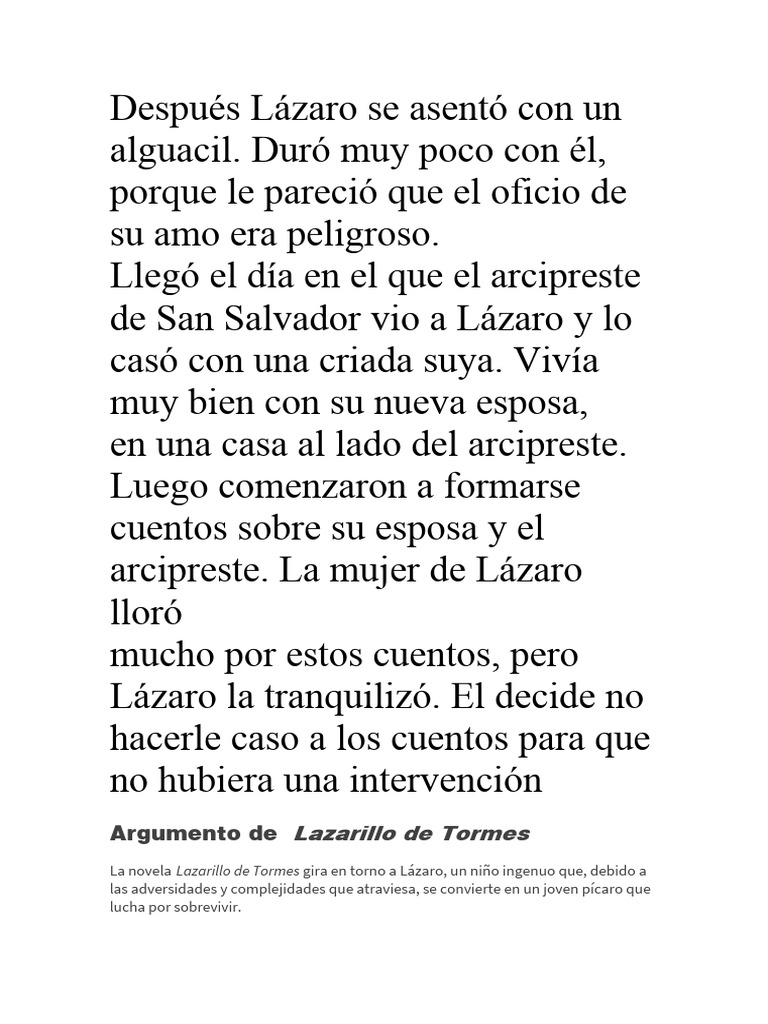 Resumen de "Lazarillo de Tormes" por tratados | PDF