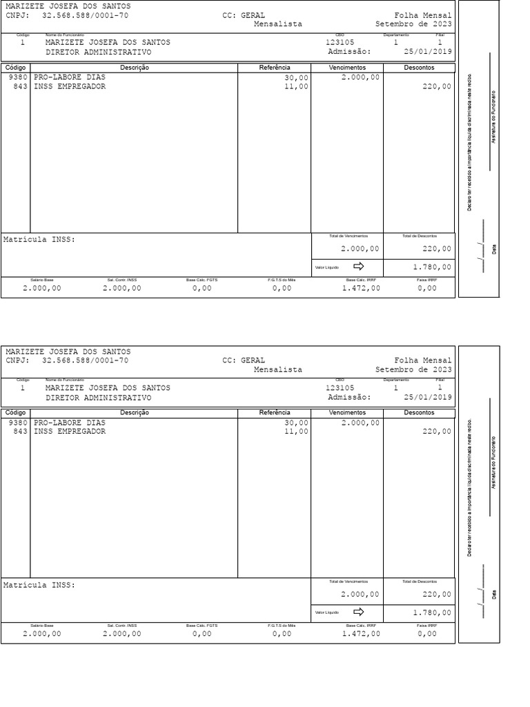 Recibo de Pro Labore Marizete 09.2023 | PDF | Relações de trabalho ...