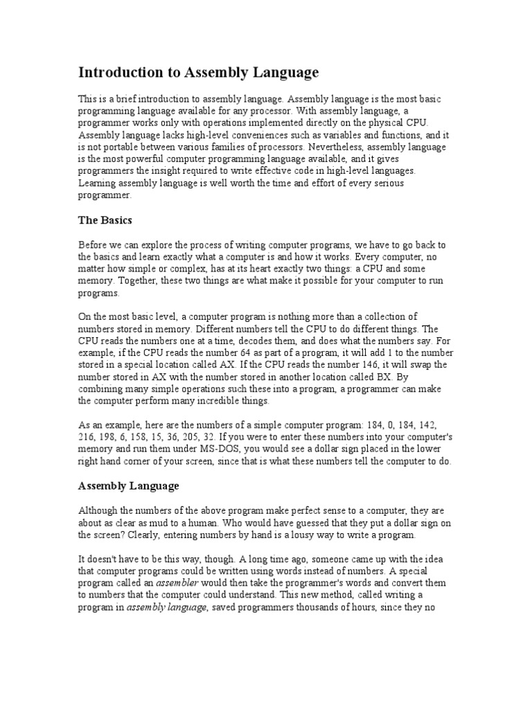 Introduction To Assembly Language | PDF | Compiler | Assembly Language Introduction To Assembly Language | PDF | Compiler | Assembly Language