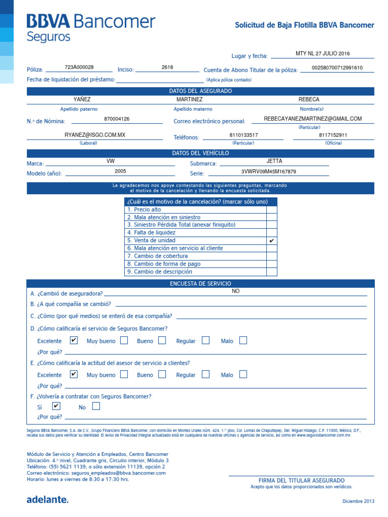 Solicitud de Baja Flotilla BBVA Bancomer | PDF