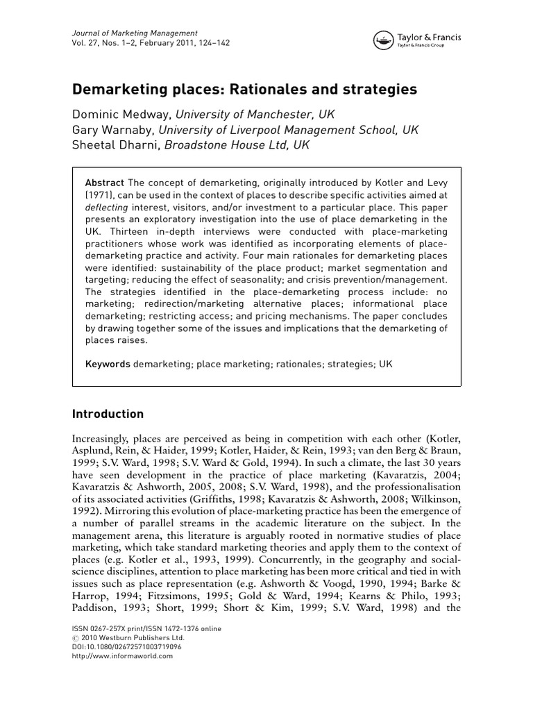 Demarketing Places - Rationales and Strategies | PDF