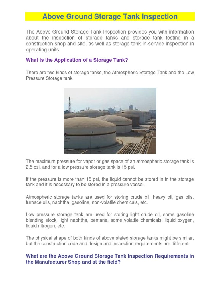 Above Ground Storage Tank Inspection Guide | PDF | Materials | Physical ...