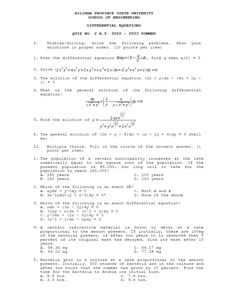 Quiz No. 2 Differential Equations | PDF