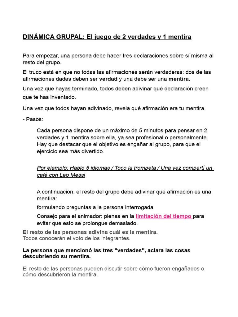 Dinamica Grupal 2 Verdades y 1 Mentira | PDF