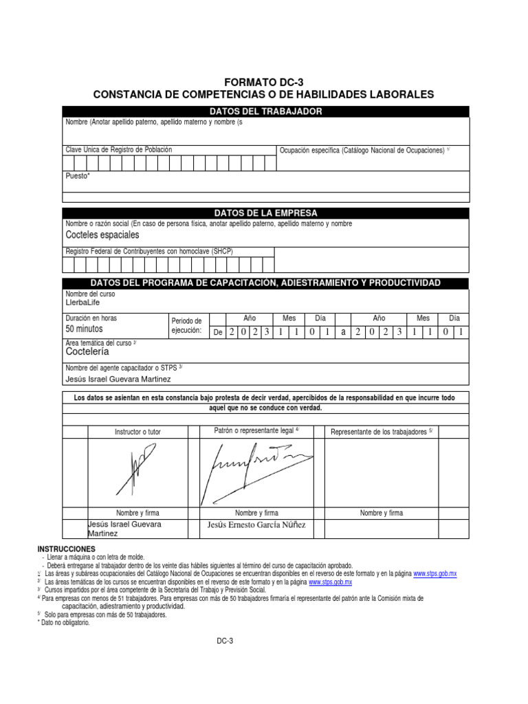 Formato Dc-3 Constancia de Competencias O de Habilidades Laborales | PDF