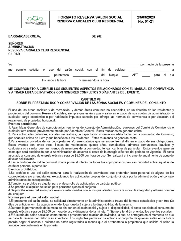 Formato Reserva Salon Social | PDF