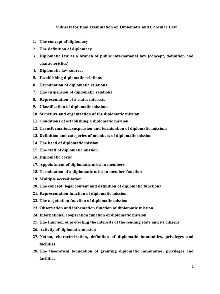 Subjects For Final Examination On Diplomatic and Consular Law | PDF