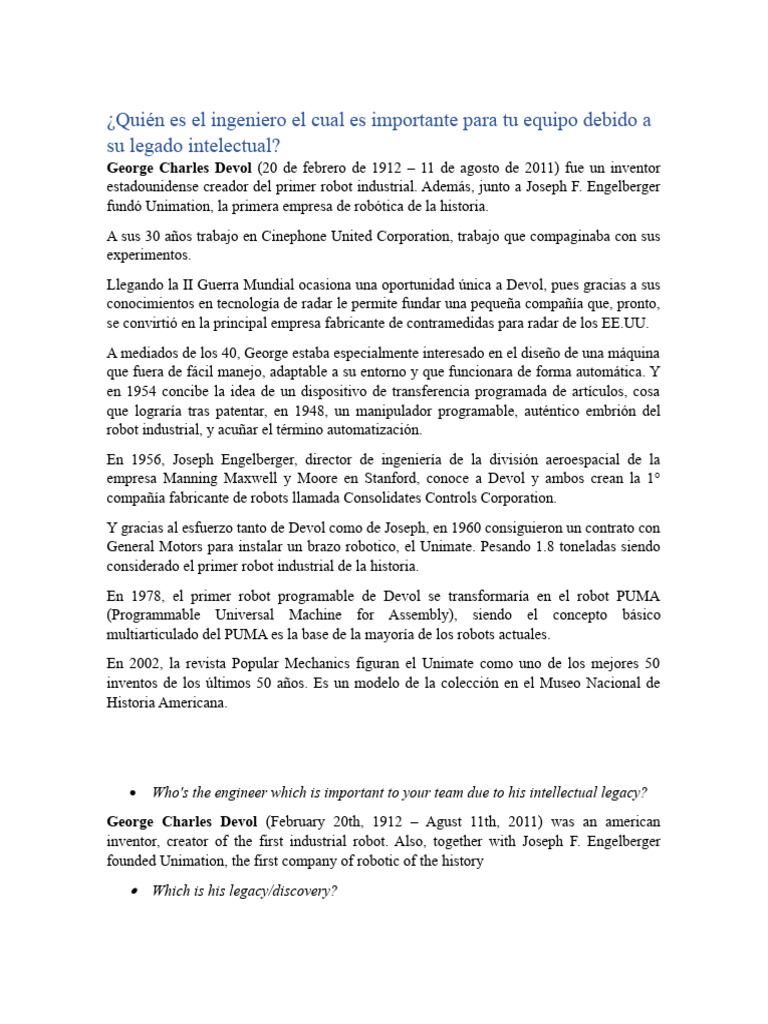 George Devol | PDF | Robótica | Automatización