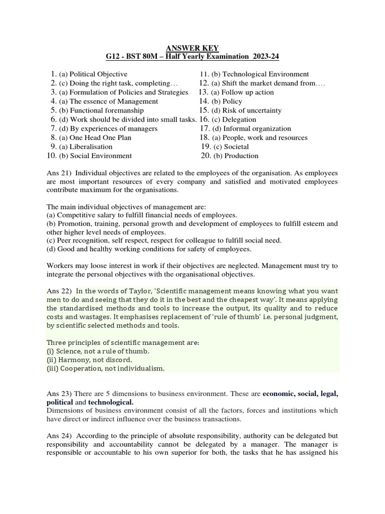 Answer Key G12 - BST 80M - HALF YEARLY 2023-24 | PDF