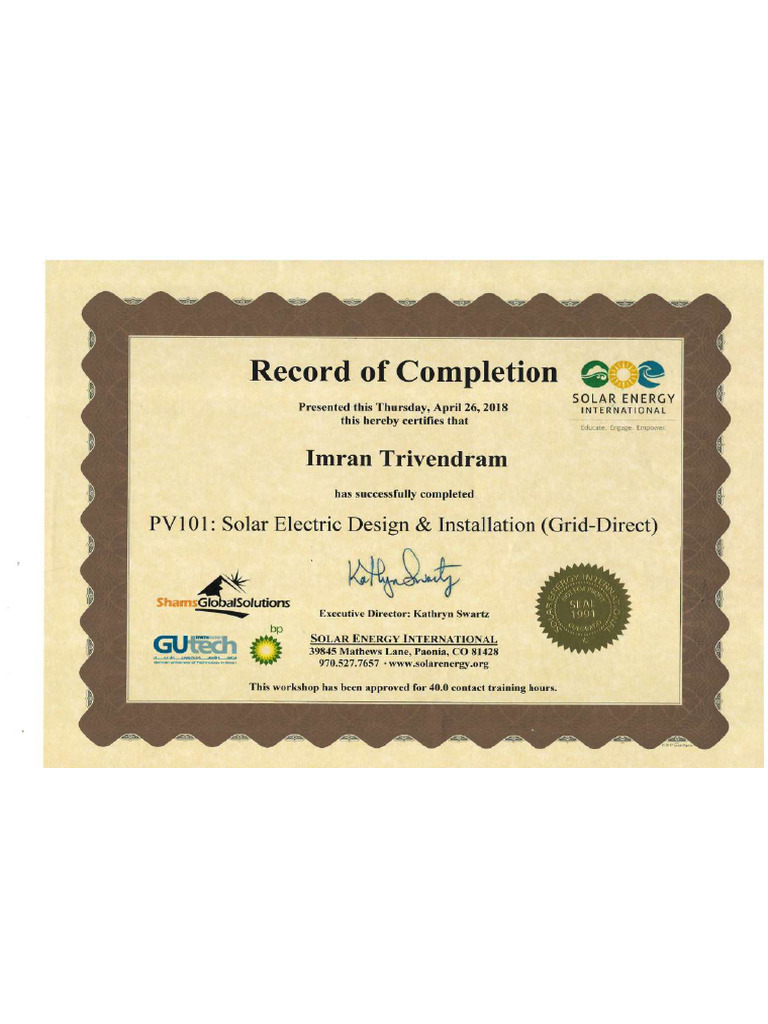 PV101 Solar Training Certificate | PDF