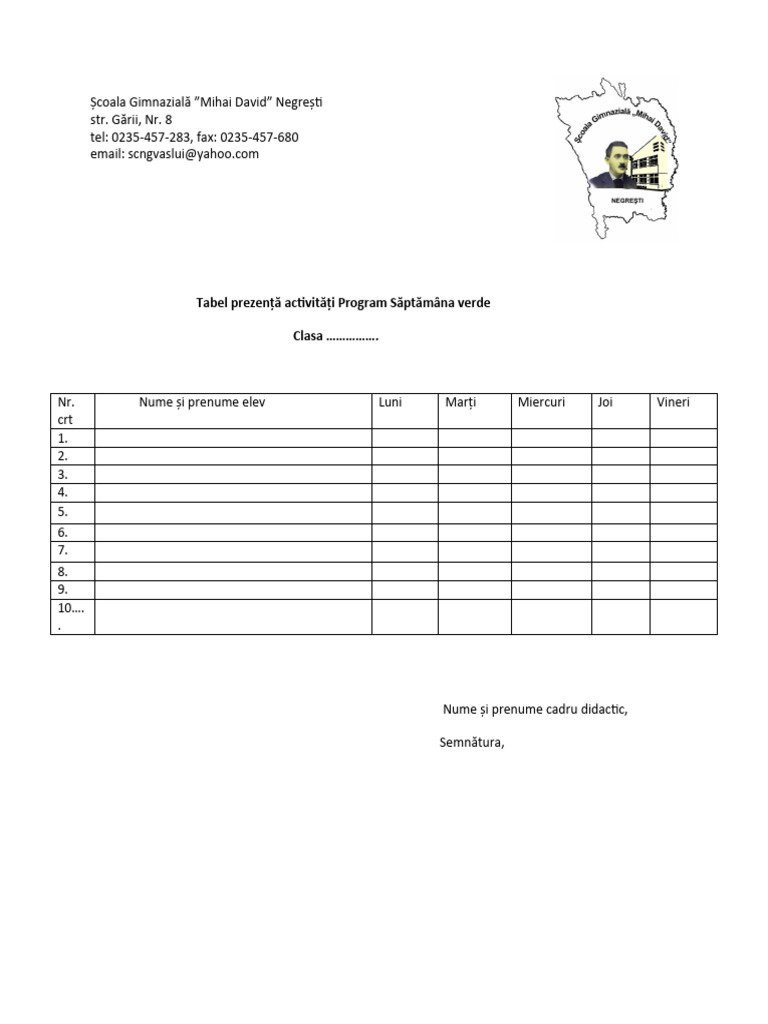 tabel prezenta elevi Săptămâna verde (2) | PDF