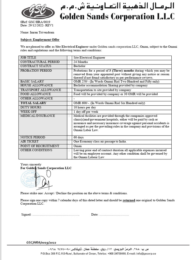Oman Employment Offer for Imran | PDF | Employment | Labour Law