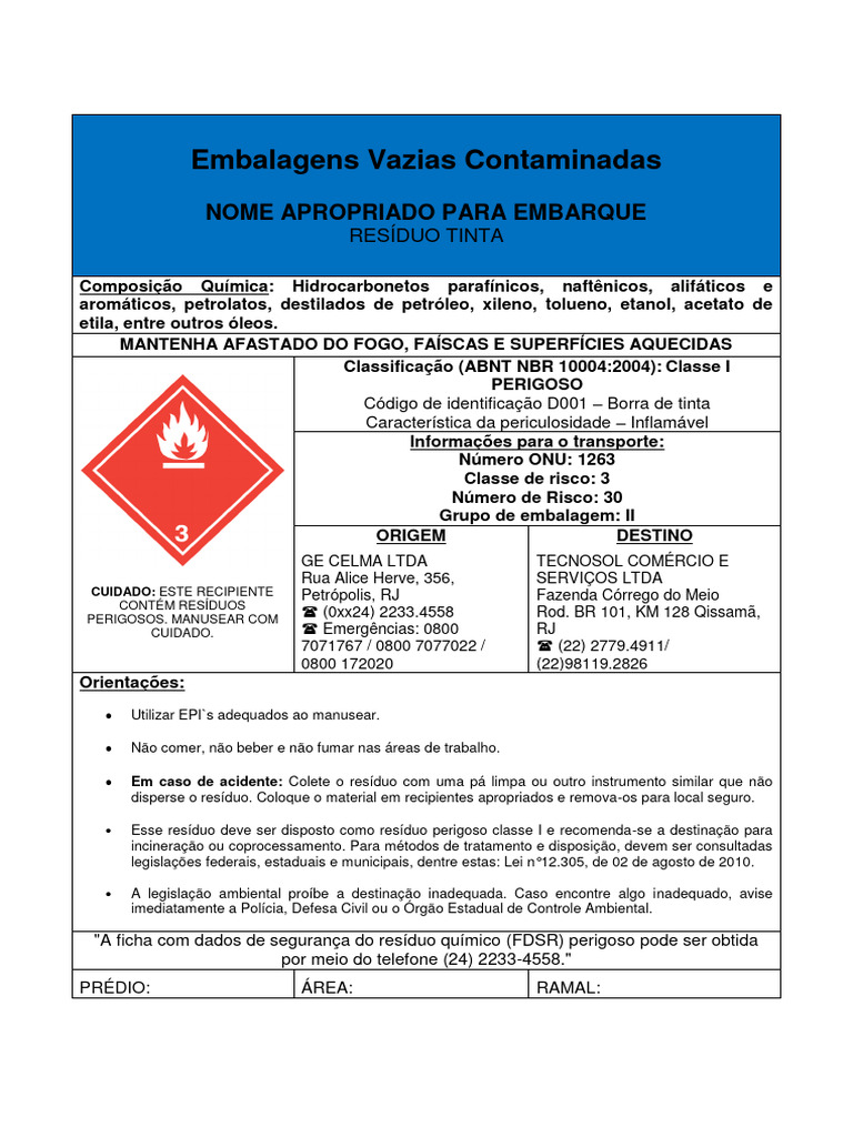 Rótulo Embalagens Vazias Contaminadas 32101-01-0283 | PDF