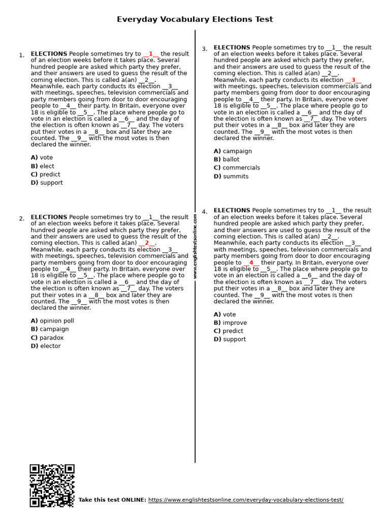 Election Vocabulary Quiz | PDF | Voting | Elections