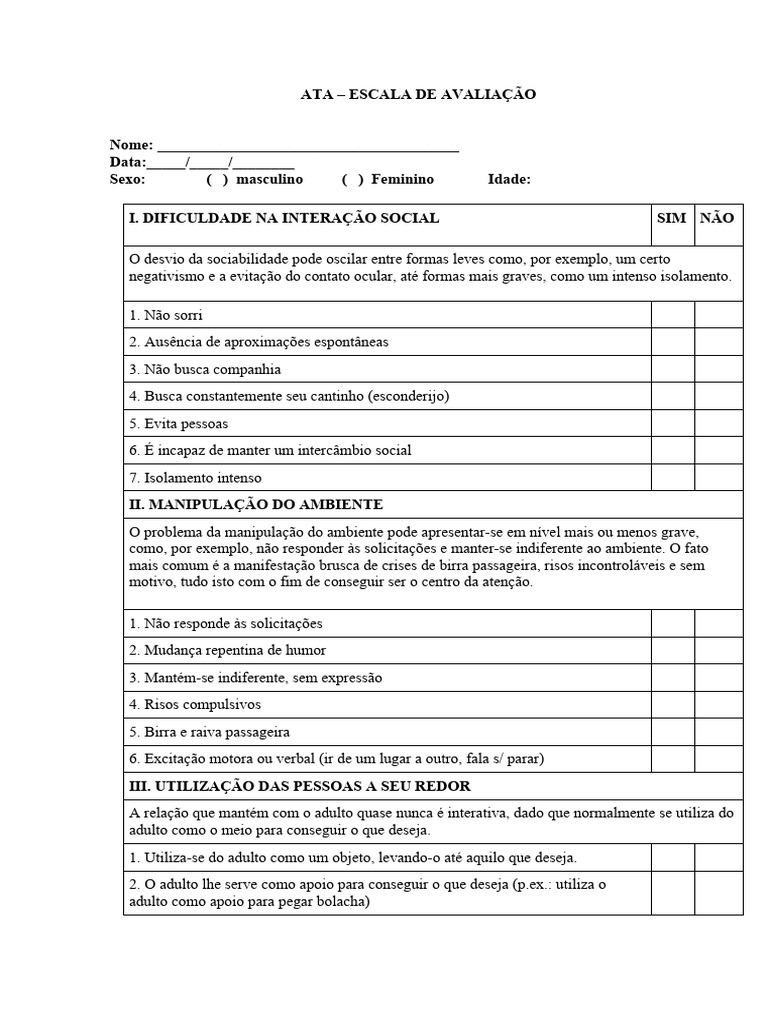 ESCALA DE AVALIAÇÃO DE TEA | PDF | Aprendizado | Dormir