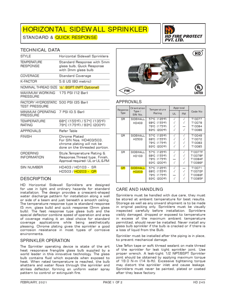 HD245 Side Wall Sprinkler | PDF | Fire Sprinkler System