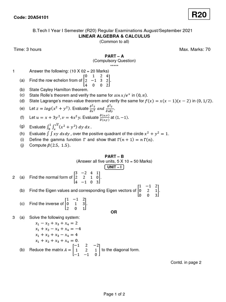 20A54101 Linear Algebra & Calculus | PDF | Eigenvalues And Eigenvectors ...