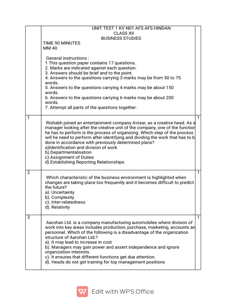 Unit Test 1 BST Class Xii | PDF | Reason | Economies