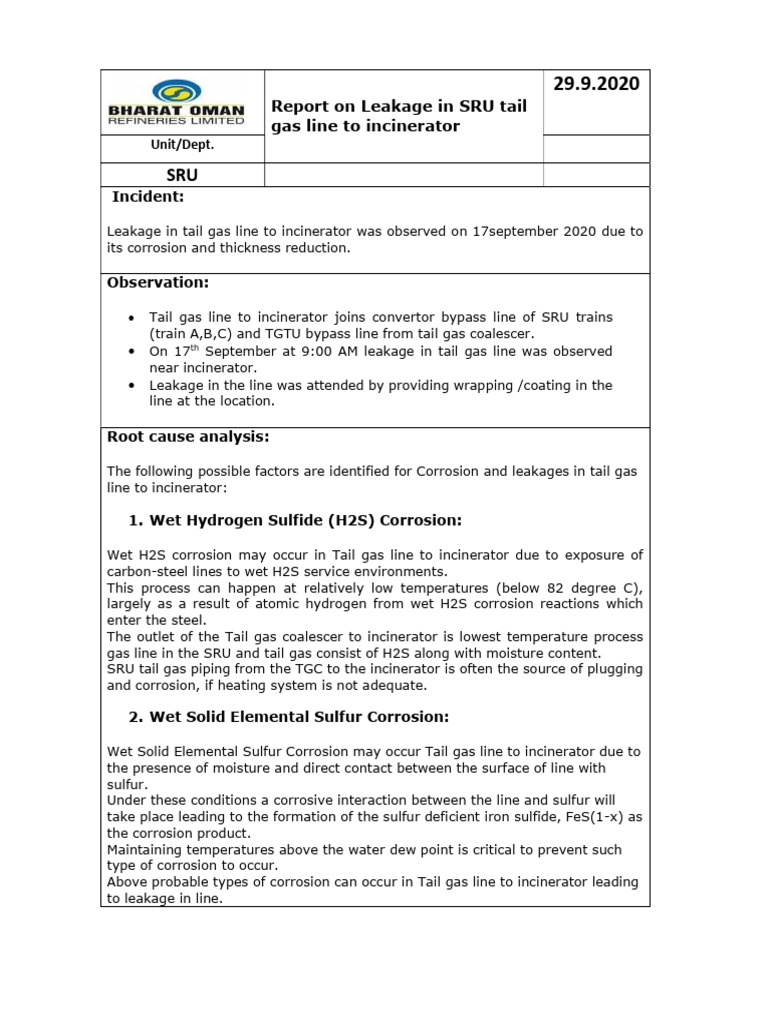 SRU Tail Gas Line Leakage Report | PDF