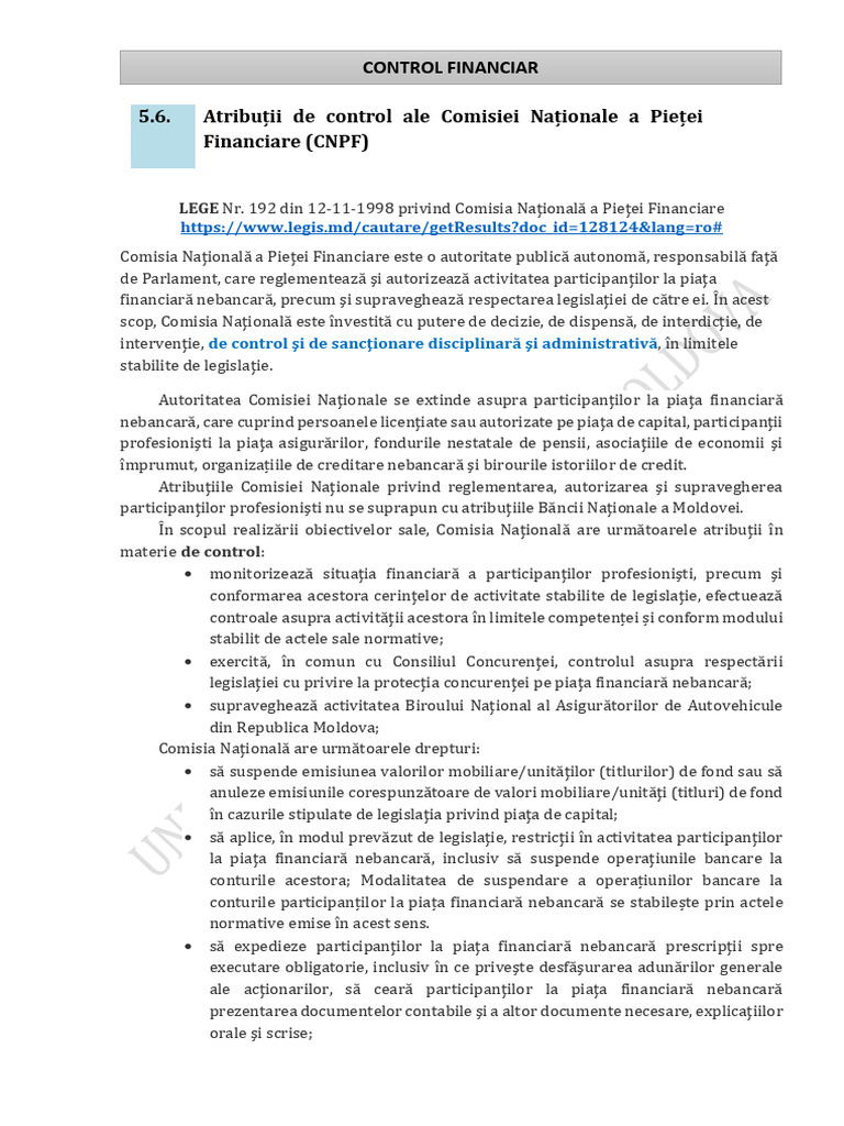 Control Financiar 5.6. Atribuții de Control Ale Comisiei Naționale A ...