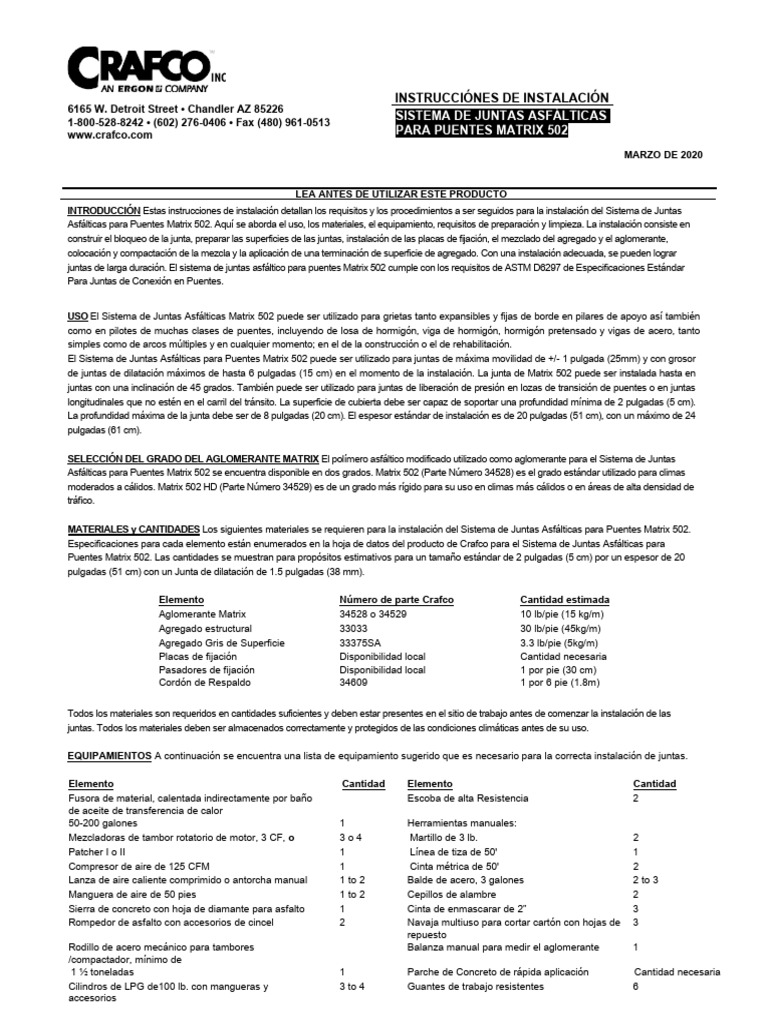 Instalación Juntas Asfálticas Matrix 502 | PDF | Tecnología
