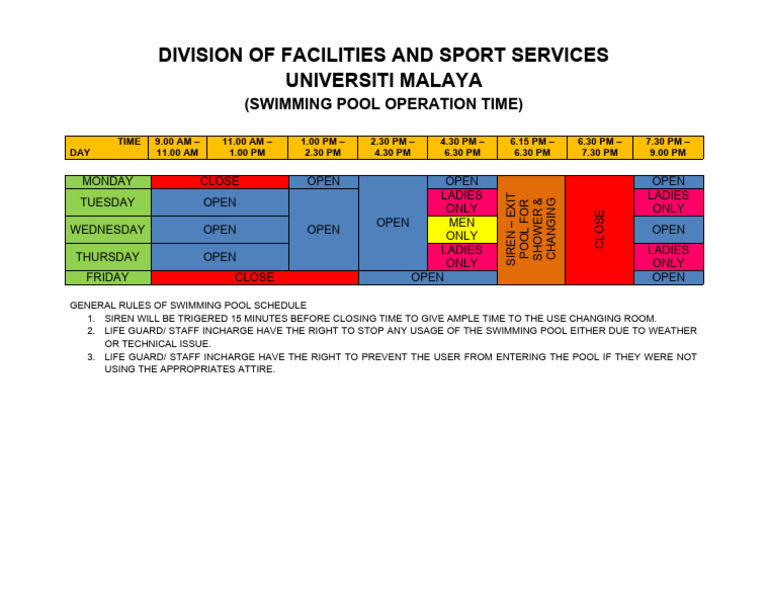 Swimming Pool Operation Time | PDF
