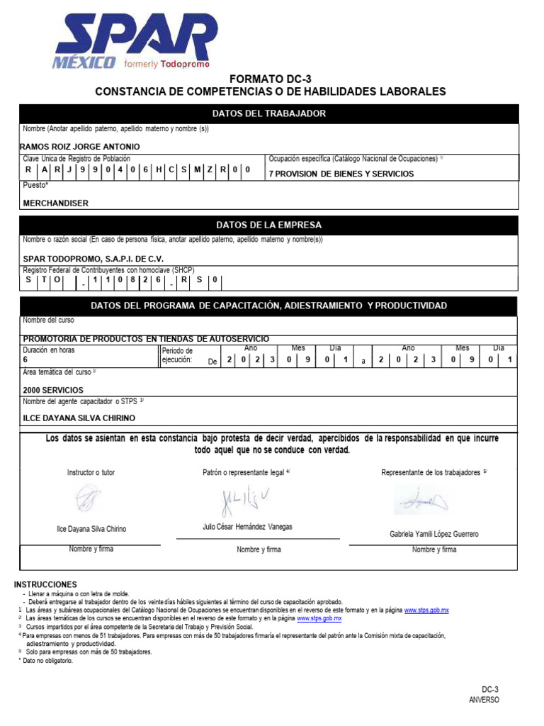 Formato Dc-3 Constancia de Competencias O de Habilidades Laborales | PDF