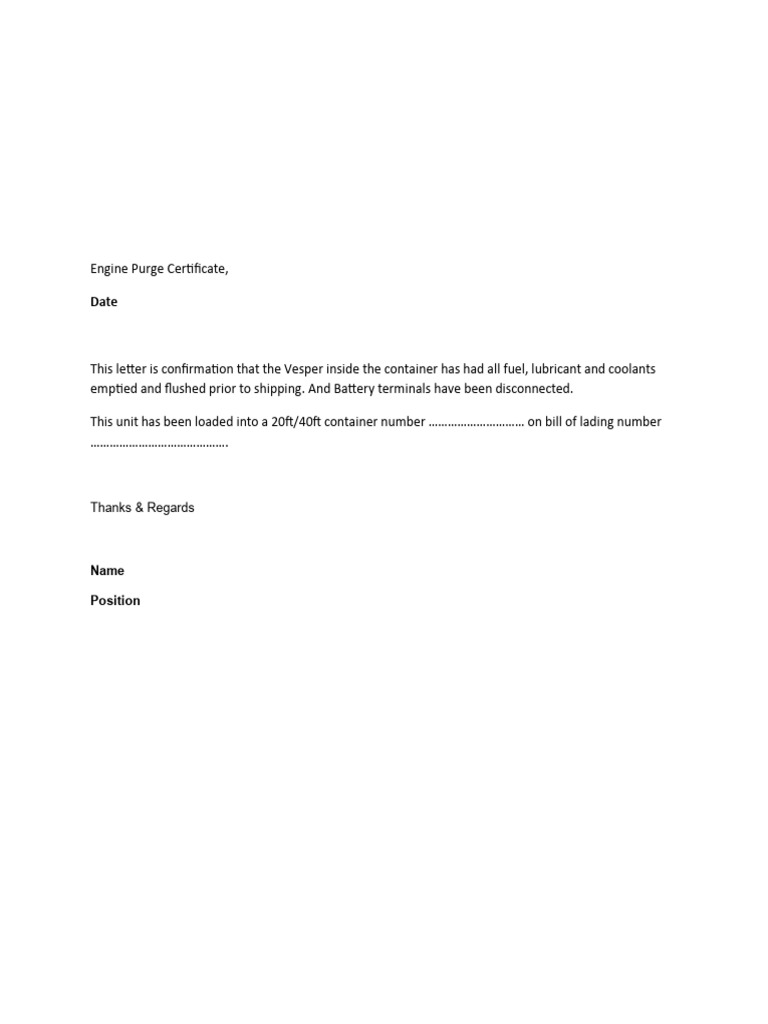 Engine Purge Certificate for Shipping | PDF | Law | Technology ...