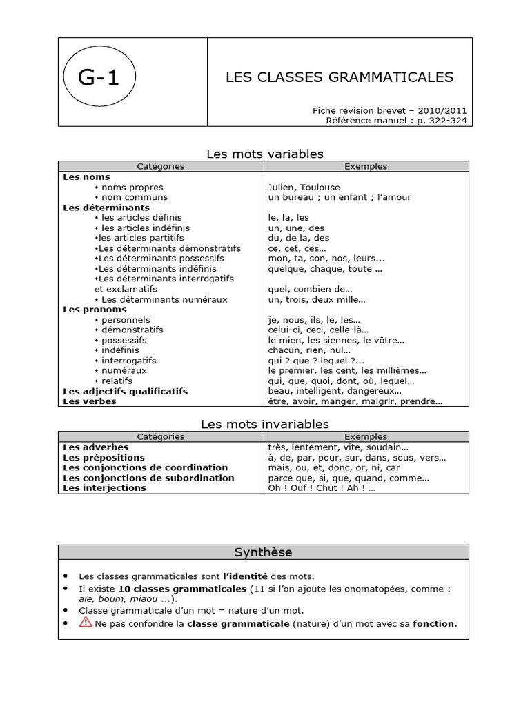 Classes grammaticales : guide de révision | PDF | Arts du langage et ...