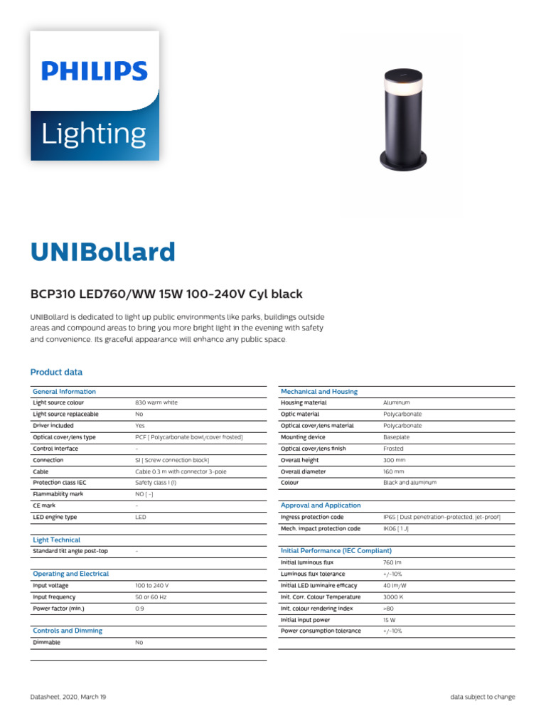 BCP310 LED760WW 15W 100-240V Cyl BK | PDF