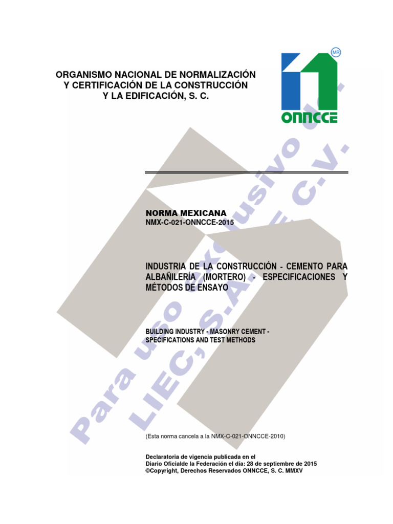 Nmx-C-021-Onncce-2015. Liec. | PDF | Cemento | Materiales