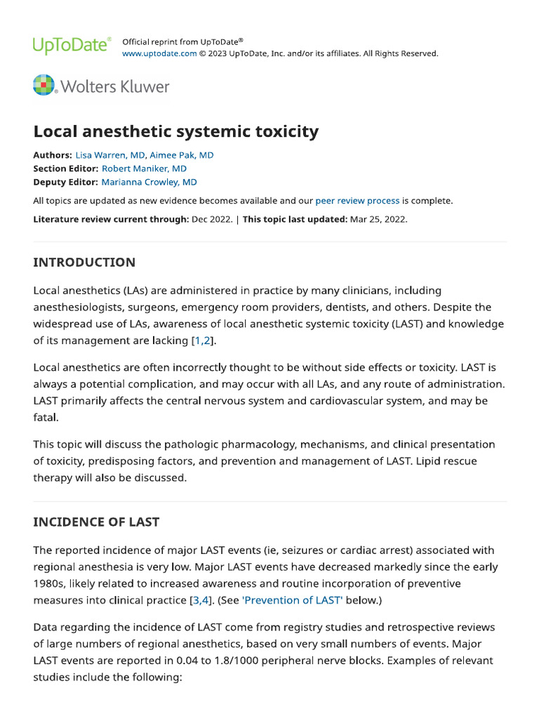 Local Anesthetic Systemic Toxicity | PDF
