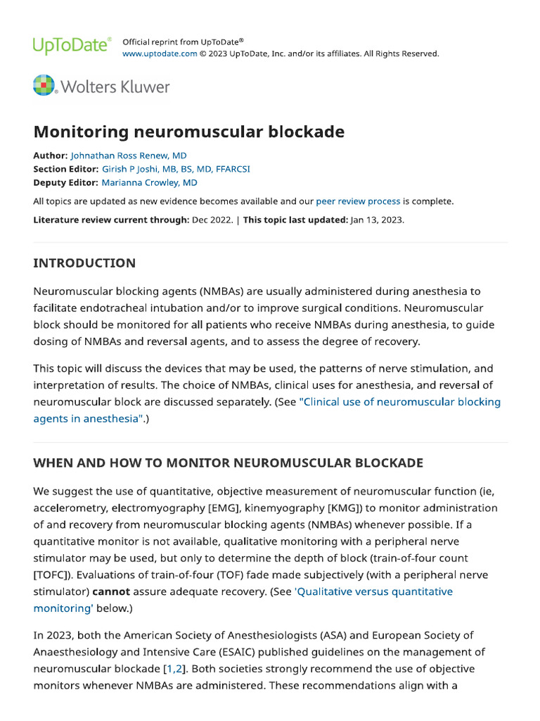 Monitoring Neuromuscular Blockade | PDF
