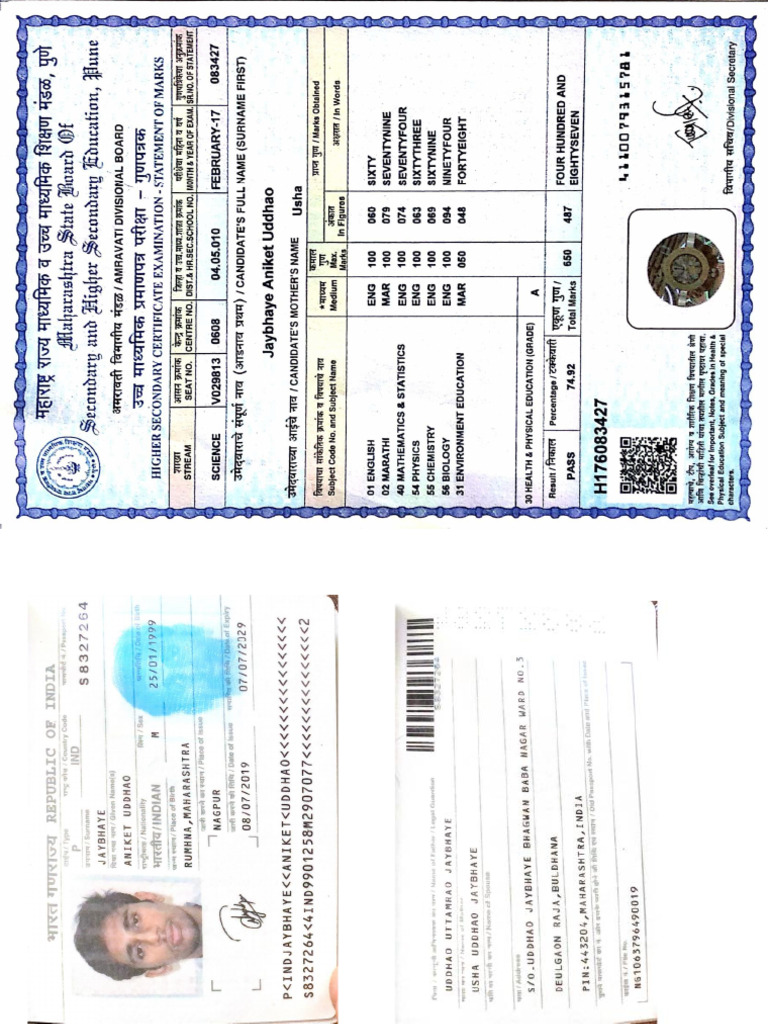 Aniket Passport & 12th Marksheet | PDF