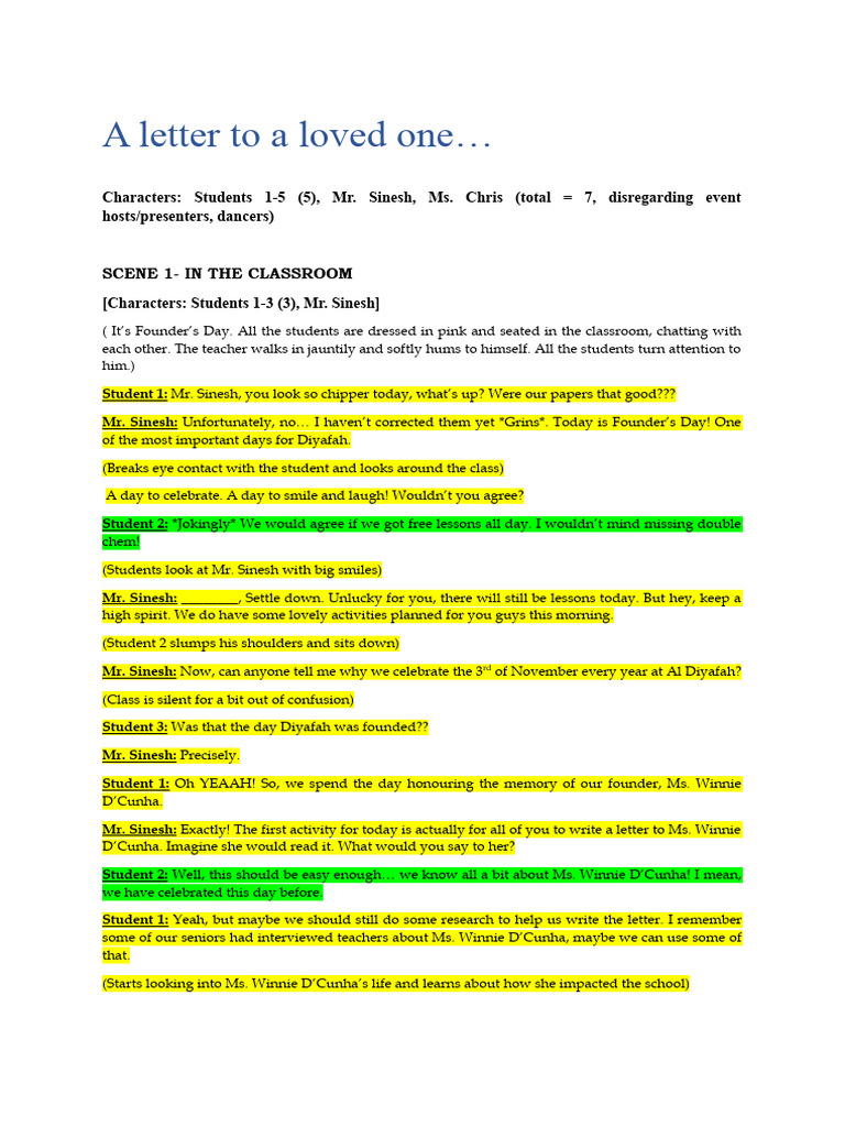 Founder's Day Script - A Letter To A Loved One | PDF