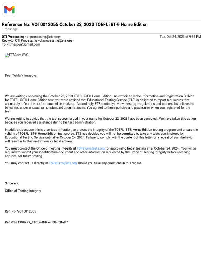 TOEFL iBT Home Edition Test Score Canceled | PDF