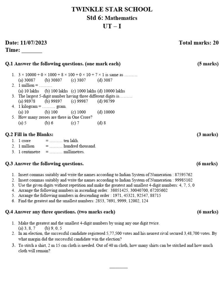 STD 6 Maths UT Paper 2023 | PDF | Notation | Mathematics