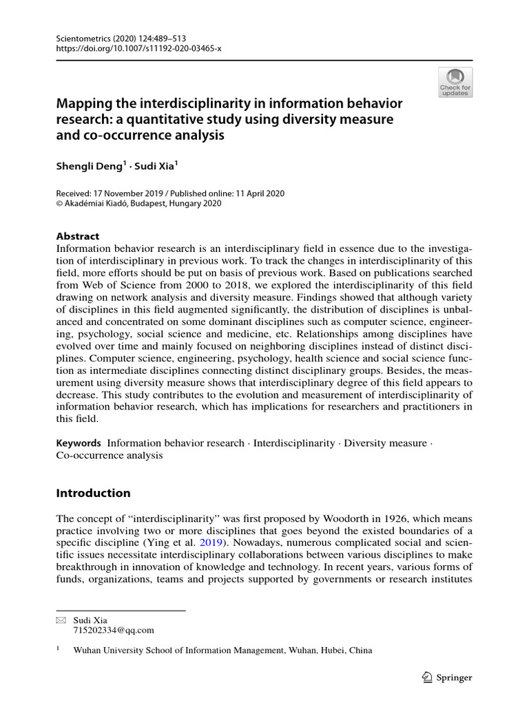 Deng, Xia 2020 - Mapping The Interdisciplinarity in Information | PDF ...