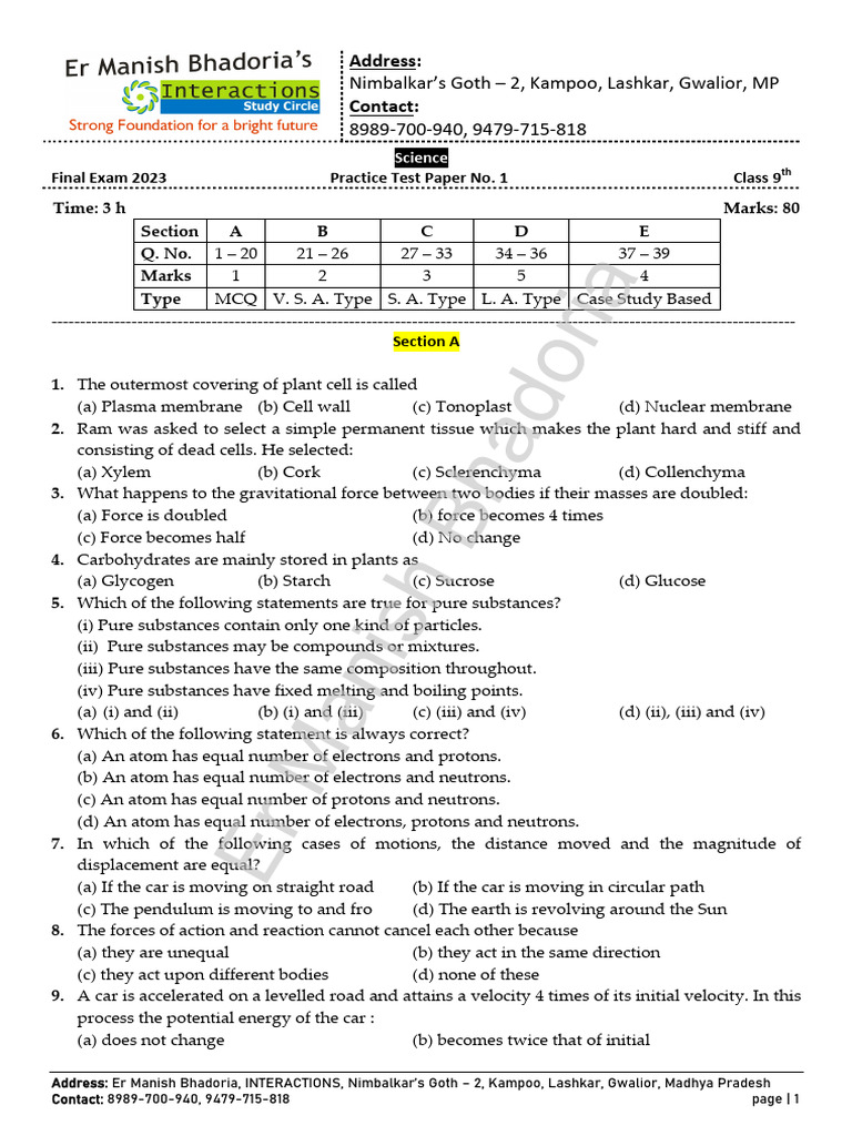 Class 9 Science Final Exam Paper 2023 | PDF | Force | Velocity
