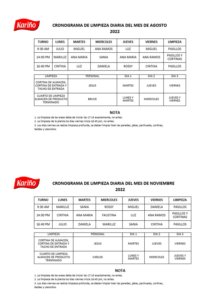 Cronograma de Limpieza | PDF