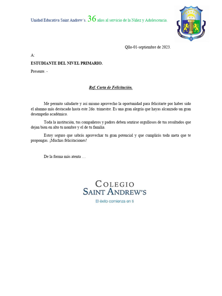 Carta de Felicitacion Estudiantes 2023 | PDF
