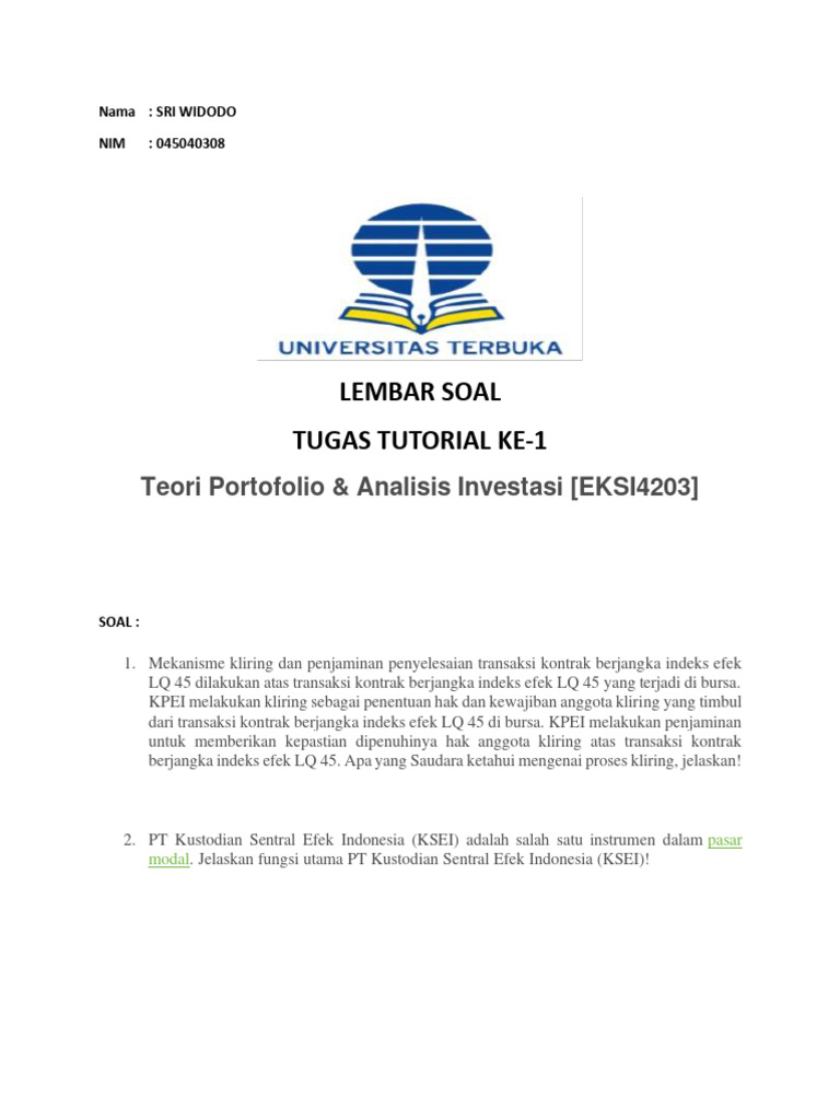 SRI WIDODO - 045040308 - TUGAS 1 - Teori Portofolio & Analisis Investasi (EKSI4203) | PDF