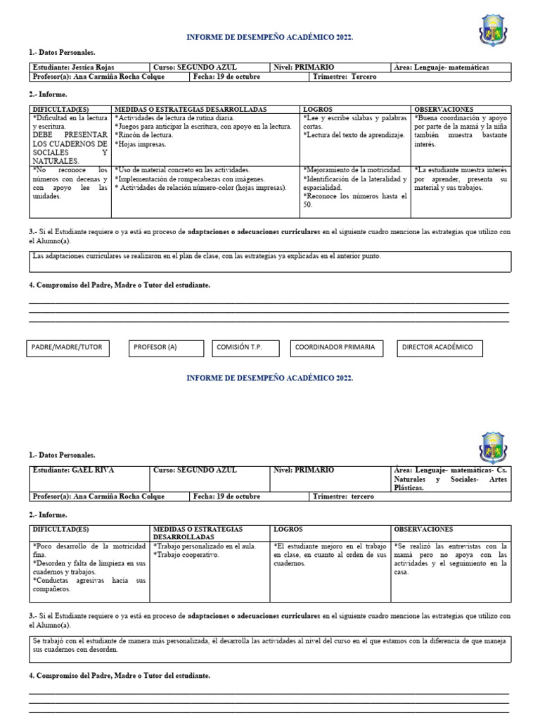 Ejemplo de Informe de Desempeño Academico | PDF | Aprendizaje | Maestros