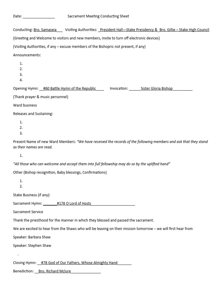 Sacrament Meeting Conducting Sheet | PDF | Politics