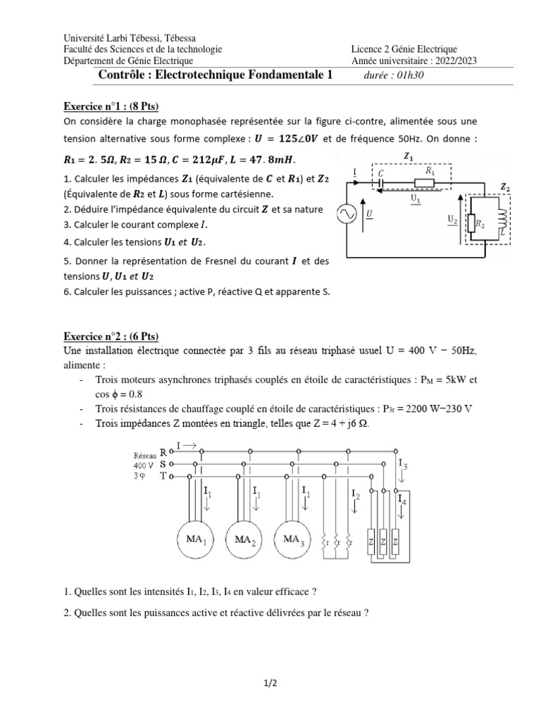 Contrôle d'Electrotechnique 1 | PDF