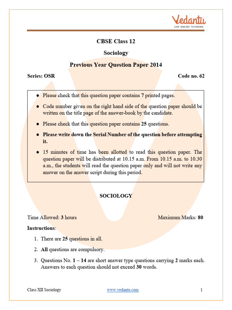 Cbse Class 12 Sociology Question Paper 2014 | PDF
