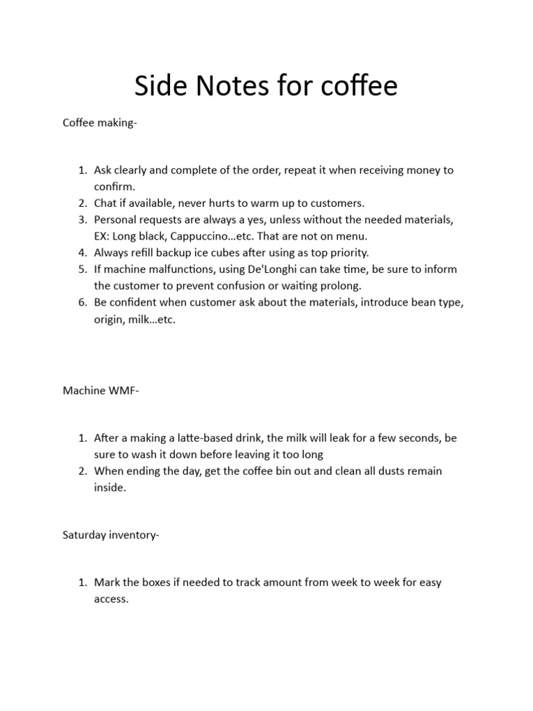 Side Notes For Coffee | PDF