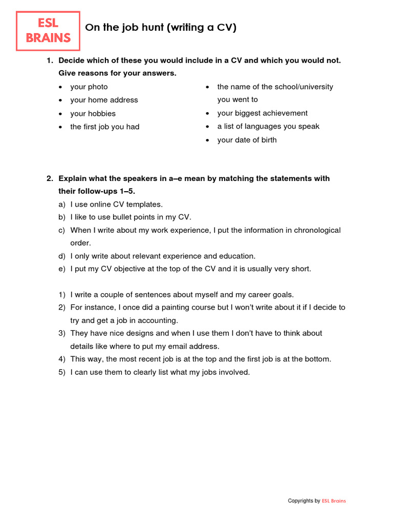 ESL Brains On The Job Hunt Writing A CV SV 7554 | PDF | Résumé | Human ...