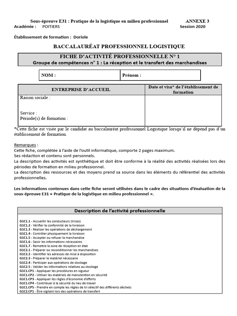 Fiches d'activité professionnelle logistique | PDF | Logistique | la ...
