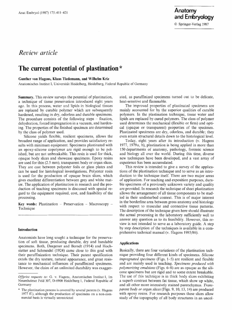 The Current Potential of Plastination Review 1987 | PDF | Histology | Materials
